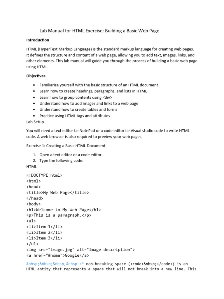 Lab Manual For HTML Exercise: Building A Basic Web Page: &NBSP &NBSP &NBSP &NBSP | PDF | Html ...