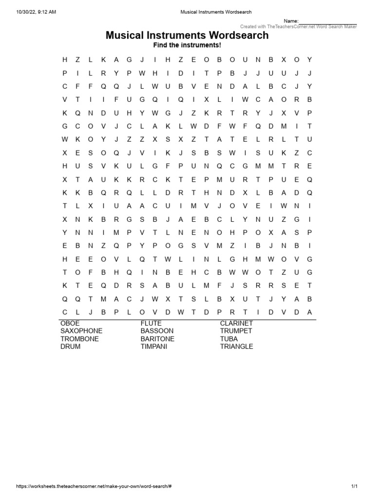 Musical Instruments Wordsearch | Download Free PDF | Musical ...