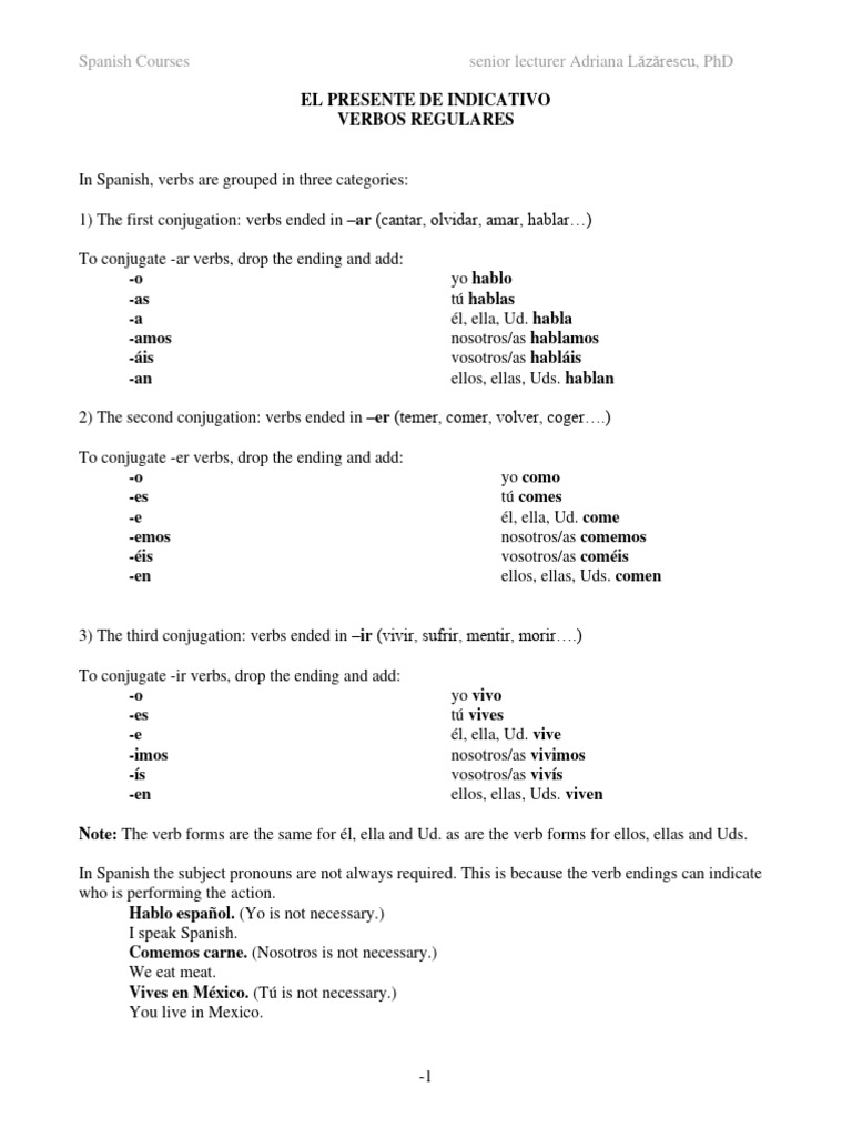 El Presente De Indicativo Verbos Regulares Pdf Grammatical