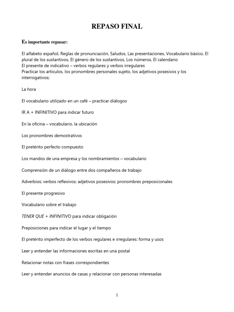 Repaso de Español: Gramática y Vocabulario | PDF | Verbo | Pronombre