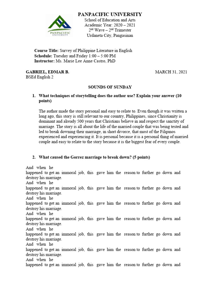 GABRIEL, EDMAR B. Sounds of Sunday | PDF | Narration | Love