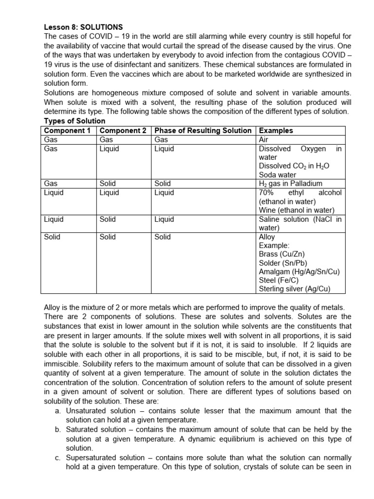 Lesson 8 - Solutions | PDF | Solubility | Mole (Unit)