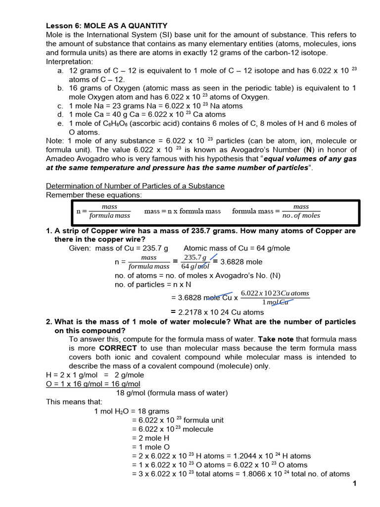 Lesson 6 Mole As A Quantity | PDF | Mole (Unit) | Stoichiometry