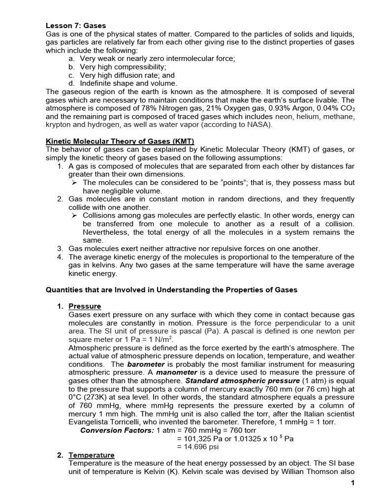 Lesson 7 Gases | PDF | Gases | Pascal (Unit)