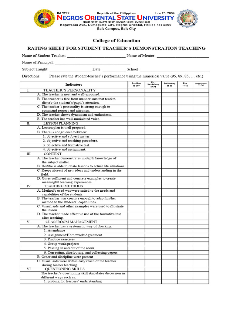 Rating Sheet for Student Teachers | PDF | Teachers | Learning