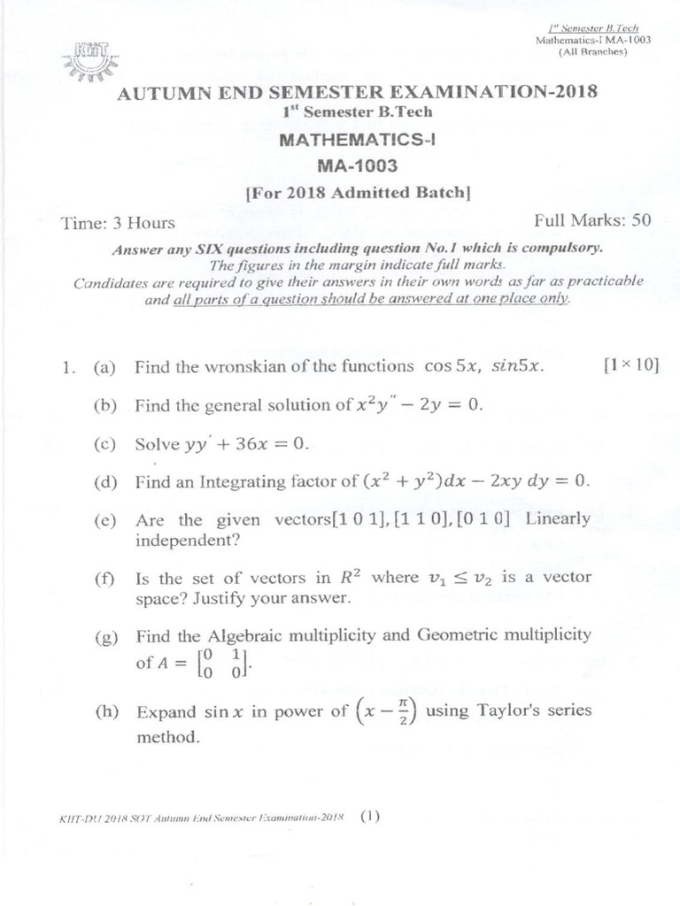 Mathematics I, MA 1003 2018 | PDF