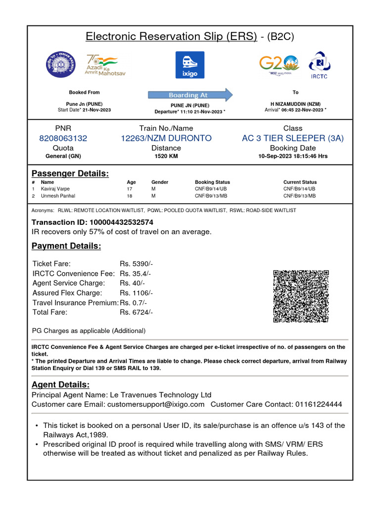 Electronic Reservation Slip (ERS) : 8208063132 12263/NZM DURONTO Ac 3 ...