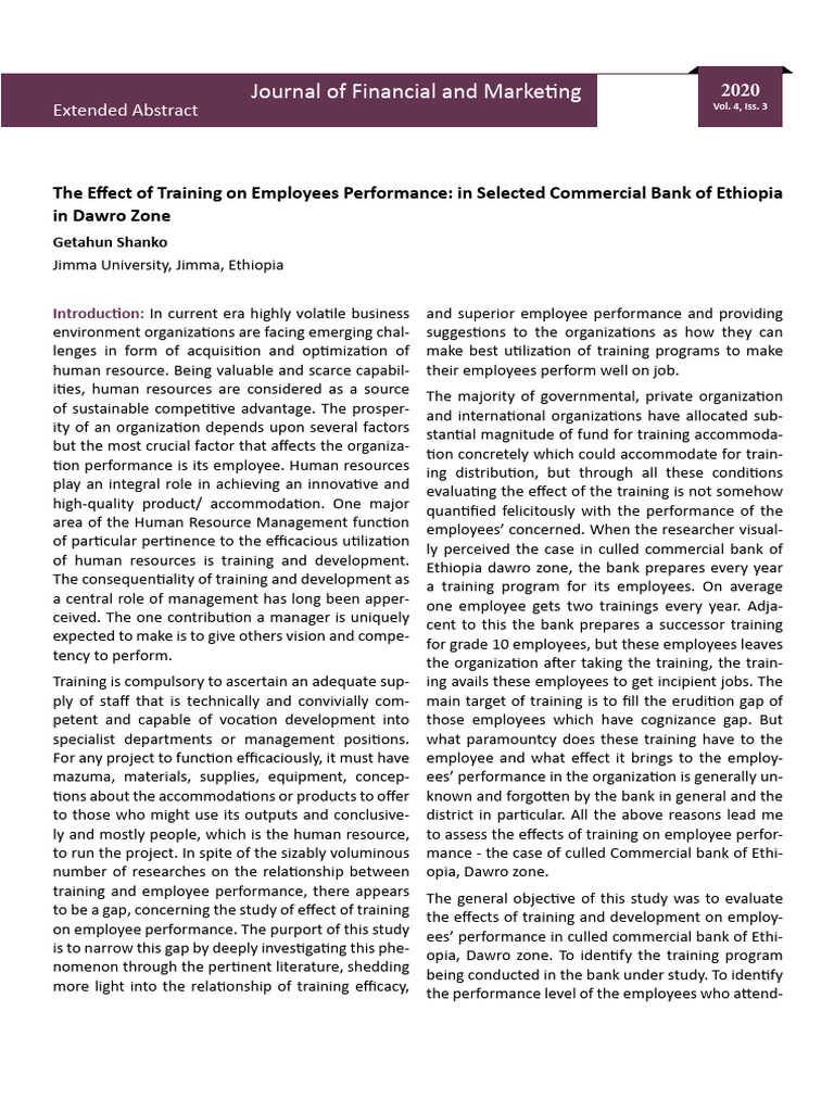The Effect of Training On Employees Performance in Selected Commercial Bank of Ethiopia in Dawro ...