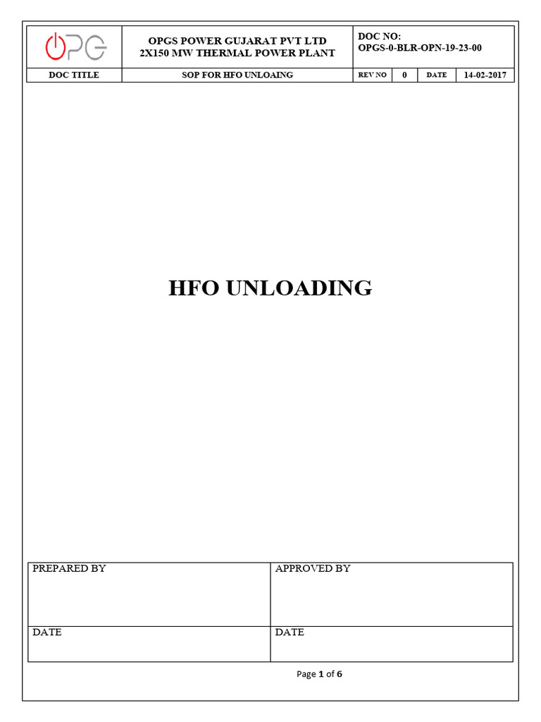 Opgs 0 BLR Opn 19-23-00 Sop For Hfo Unloading | PDF | Pump | Fuel Oil