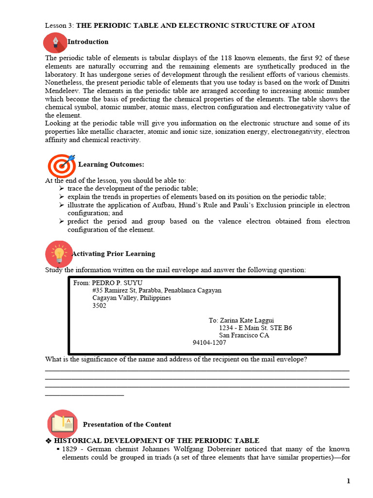 Lesson 3 THE PERIODIC TABLE AND ELECTRONIC STRUCTURE OF ATOM | PDF ...