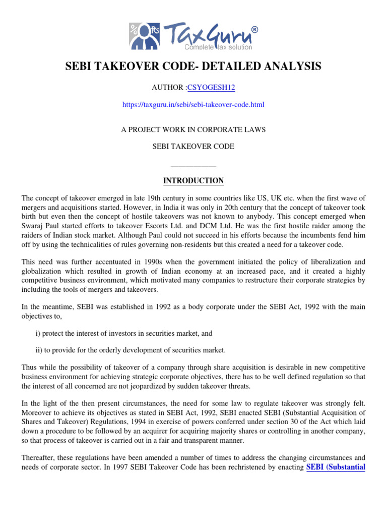 SEBI Takeover Code - Detailed Analysis - Taxguru - in | PDF | Takeover | Stocks