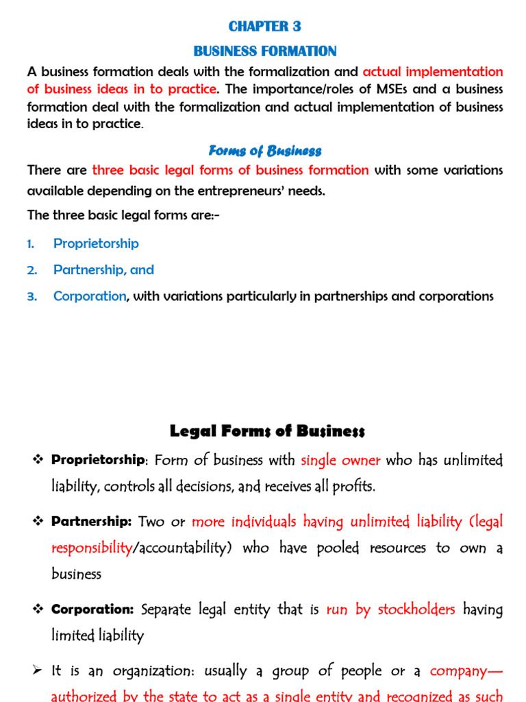 Chapter 3 (Formation of Business) | PDF | Entrepreneurship | Partnership