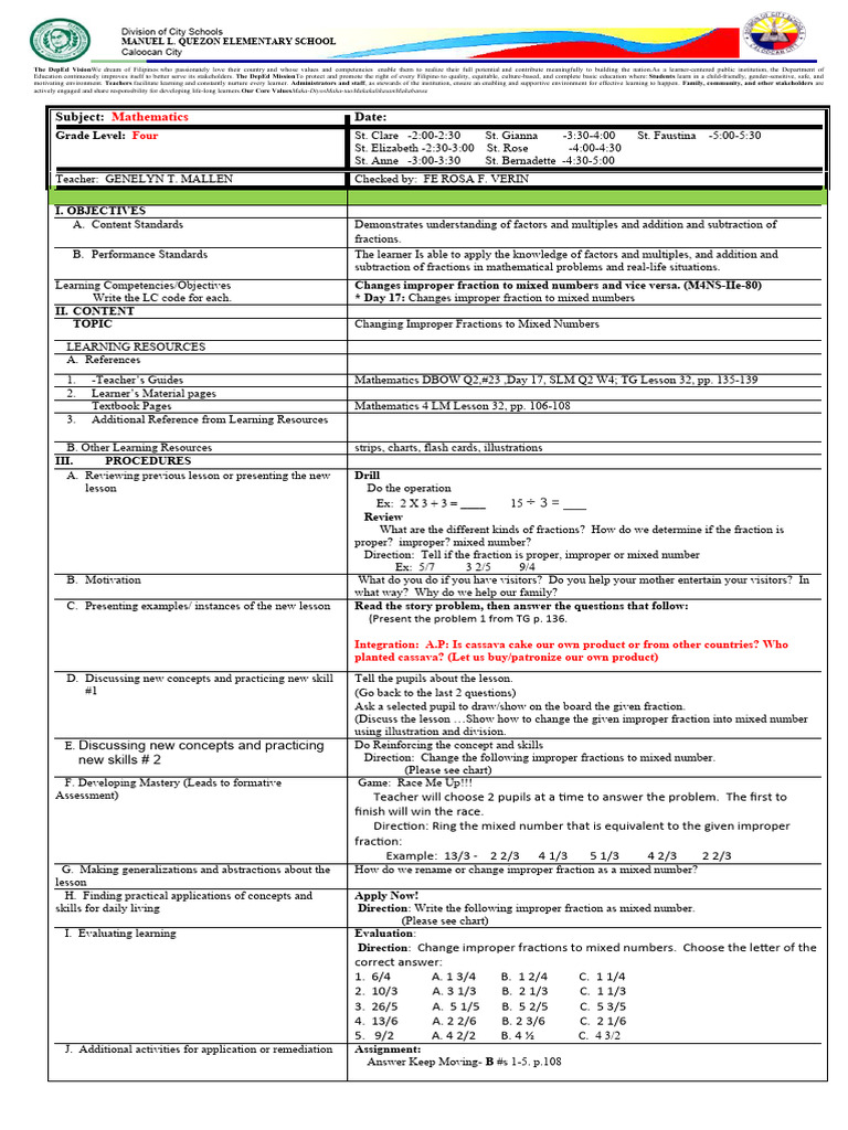 DLL-Q2W4 - Changing Improper Fractions To Mixed Number | PDF | Learning | Cognition
