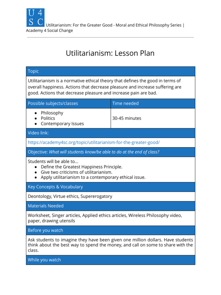 Utilitarianism Lesson | PDF | Utilitarianism | Applied Philosophy