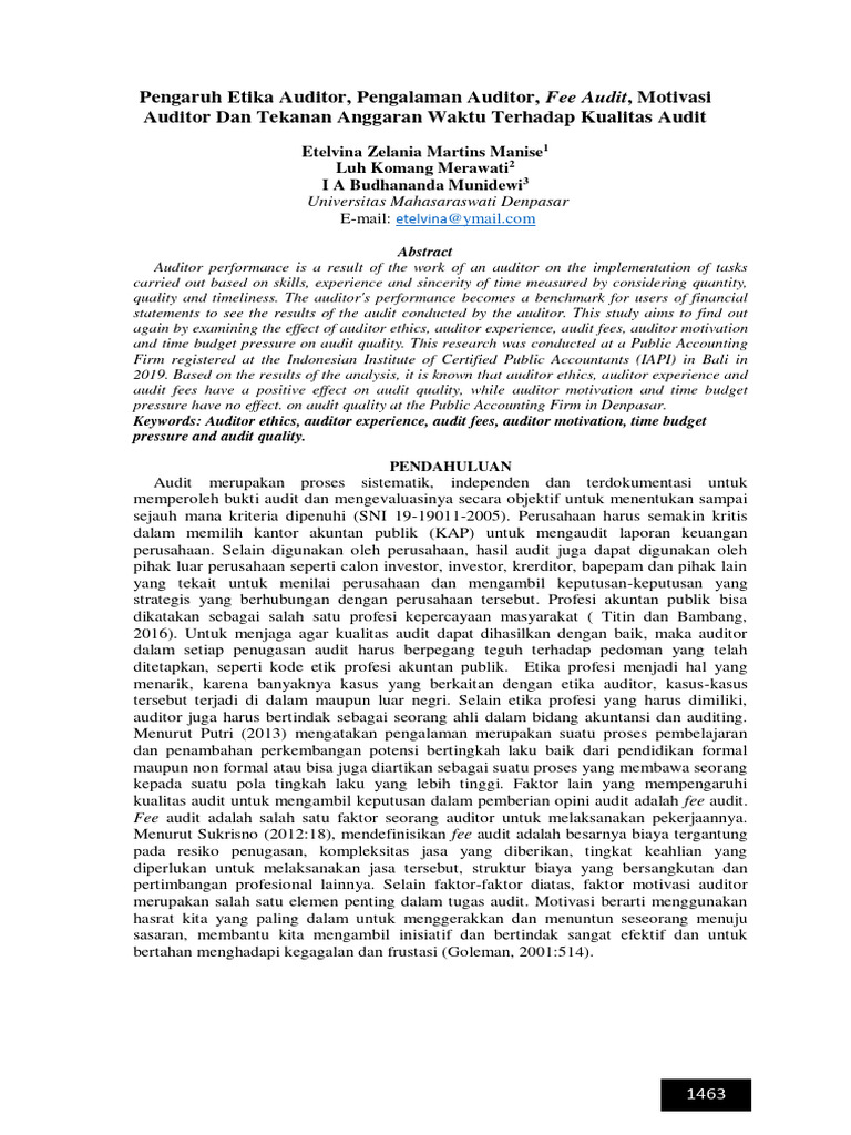 Manise, 2021 (Fee Audit, Tekanan Anggaran Waktu, Teori Atribusi) | PDF | Pengelolaan Keuangan & Uang