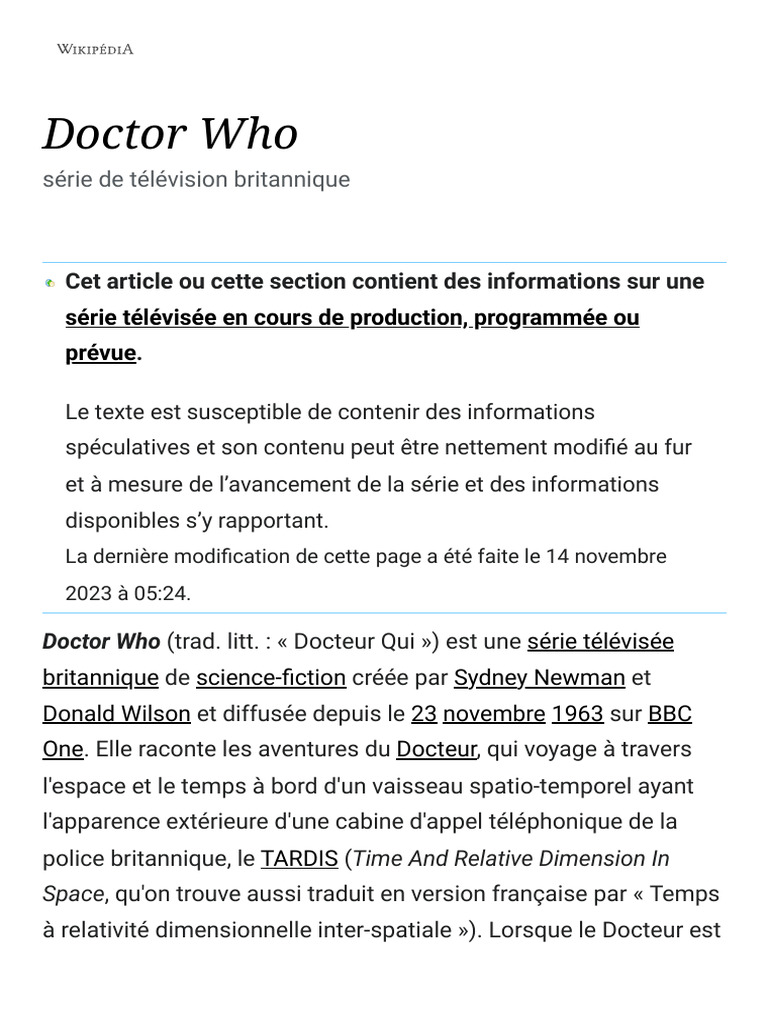 Doctor Who : Histoire et Épisodes | PDF | Docteur Who | Le Docteur ...
