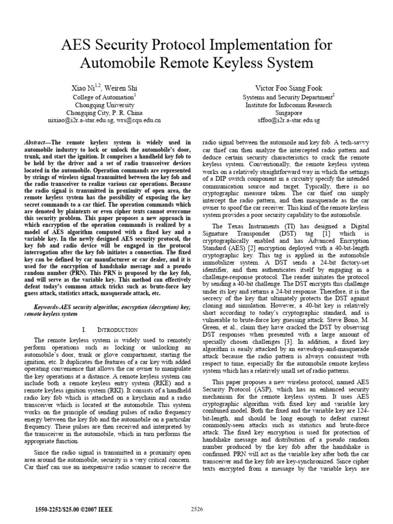 AES Security Protocol Implementation For Automobile Remote Keyless System | PDF | Encryption ...