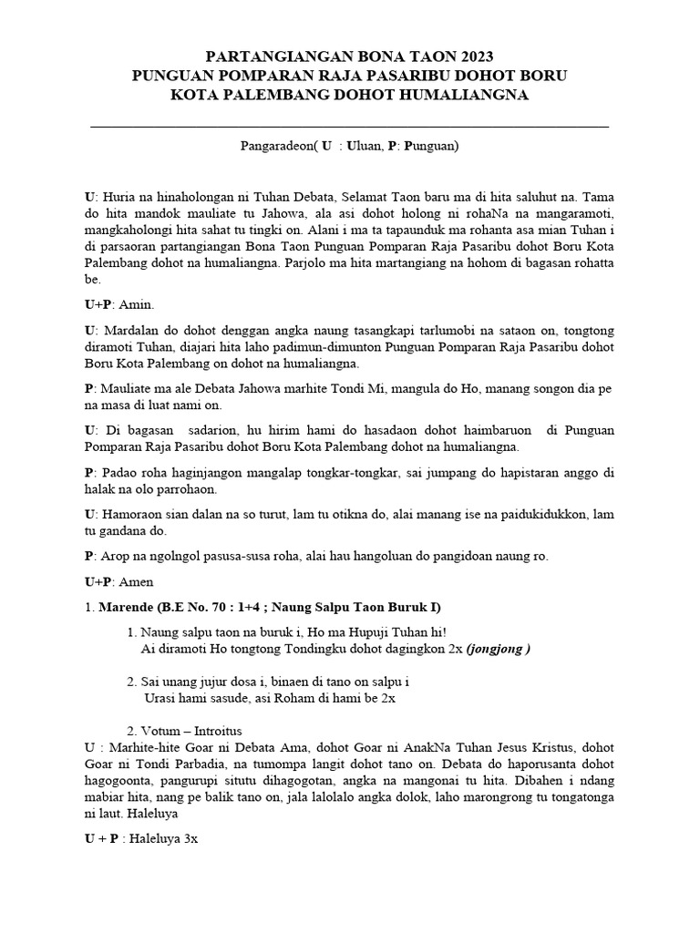 Tata Ibadah Bona Taon Pasaribu GKPI Kumbang 2023 | PDF