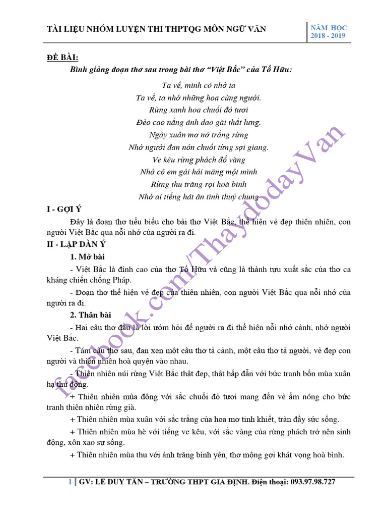 Luyen Thi Van 12 Bai Mau Viet Bac To Huu Binh Giang Doan Buc Tranh Tu Binh Phan Thanh Ha 2019 | PDF