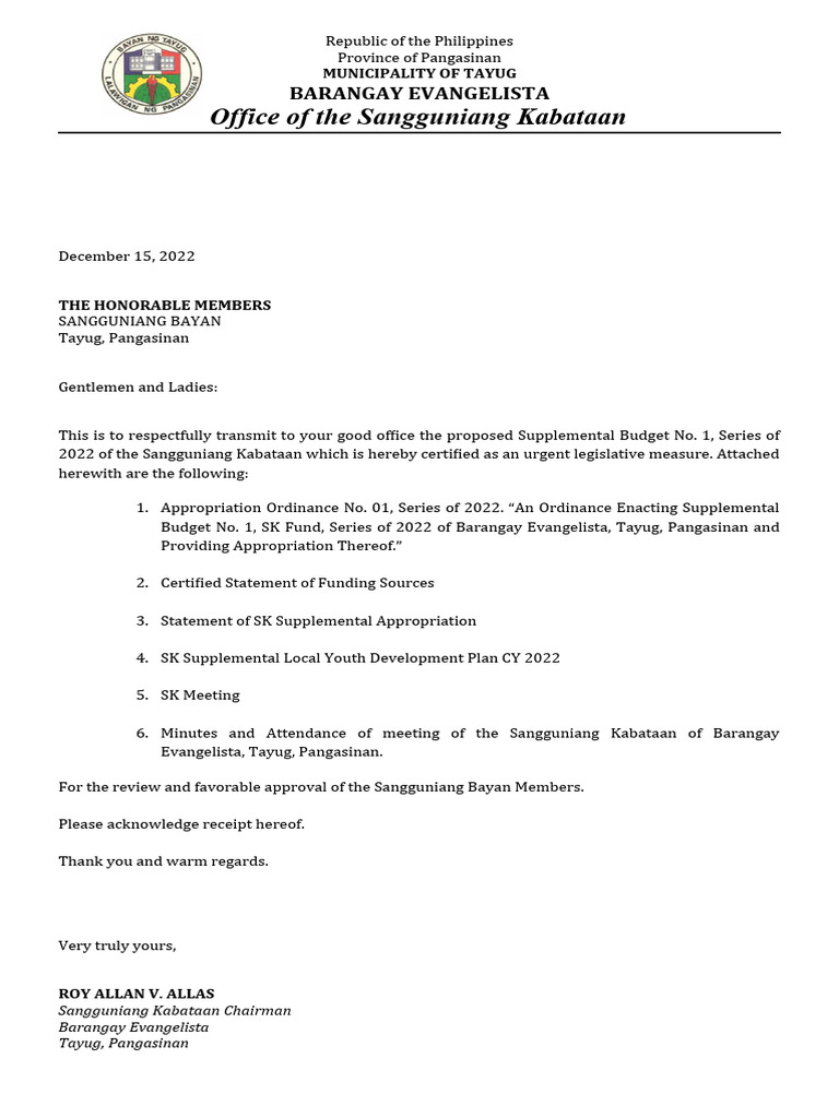SUPPLEMENTAL BUDGET SK Evangelista | PDF | Government