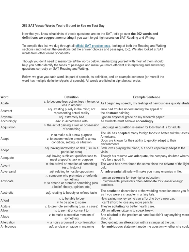 262 SAT Vocab Words - Digital - SAT | PDF | Sat | Vocabulary