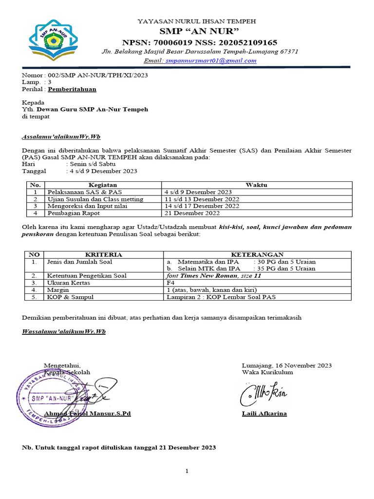 SURAT TUGAS PAS 2023-2024 Ganjil | PDF