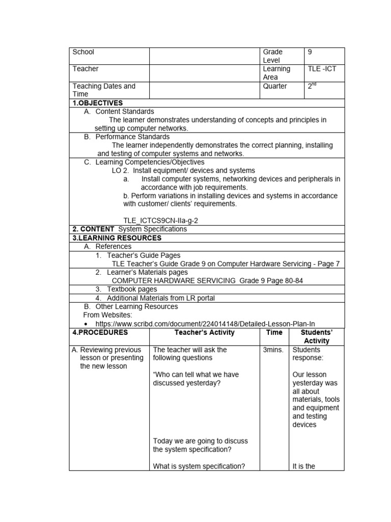 LESSON 2 System Specification Grade 9 ICT | Download Free PDF ...