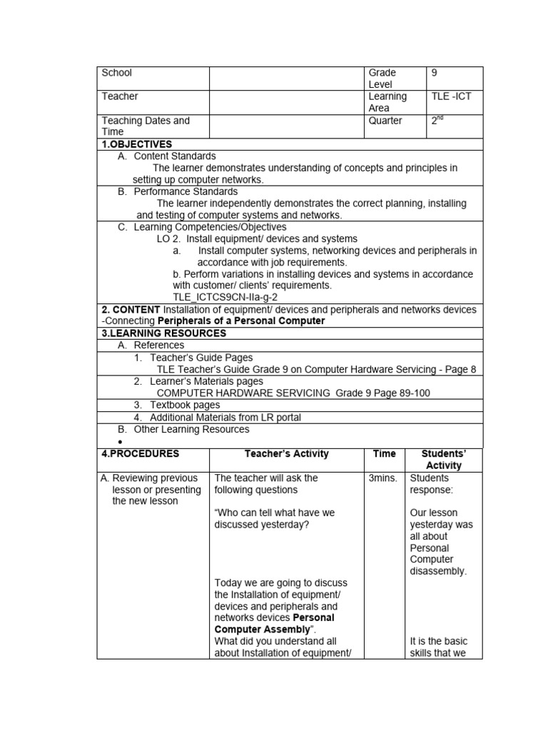 LESSON 2 Connecting Peripherals of A PC Grade 9 ICT | PDF | Electrical Connector | Learning