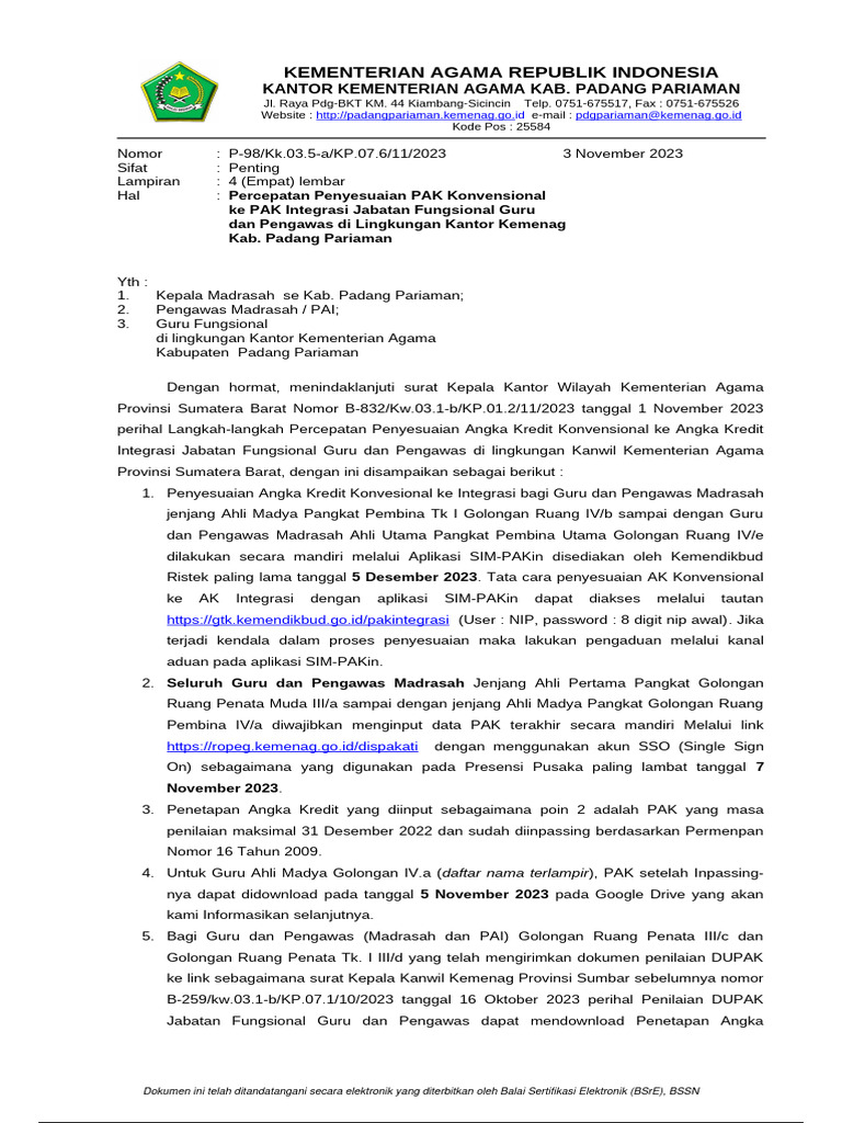 Surat Turunan Integrasi Pak Guru Dan Pengawas 2023 | PDF