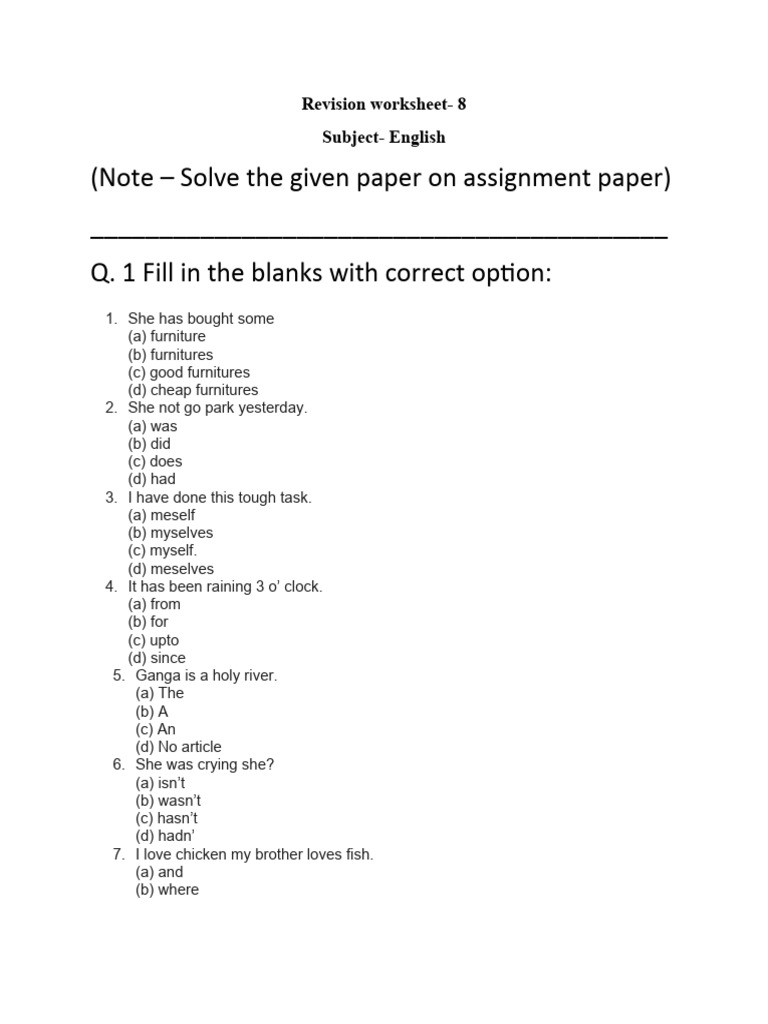 (Note - Solve The Given Paper On Assignment Paper) - Q. 1 Fill in The Blanks With Correct Option ...