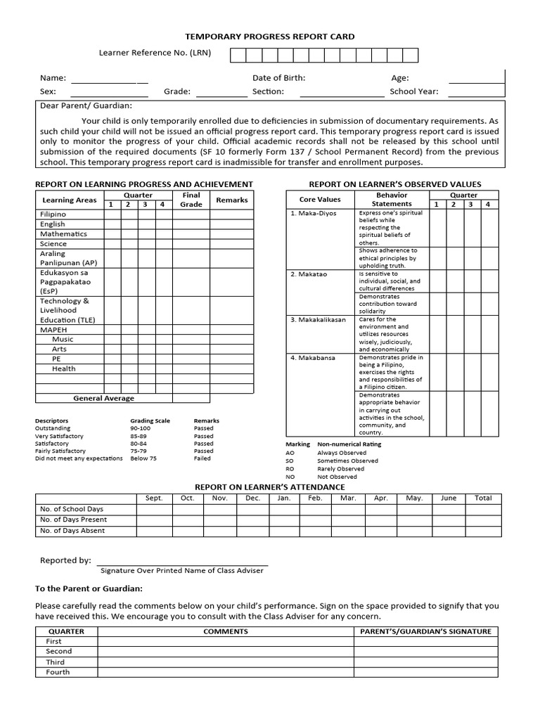TEMPORARY-PROGRESS-REPORT-CARD-TEMPLATE | PDF | Learning