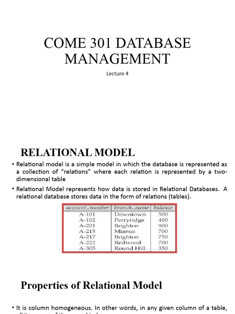 Come 301 Dbms Lecture 4 Presentation Slides Pdf Relational Database