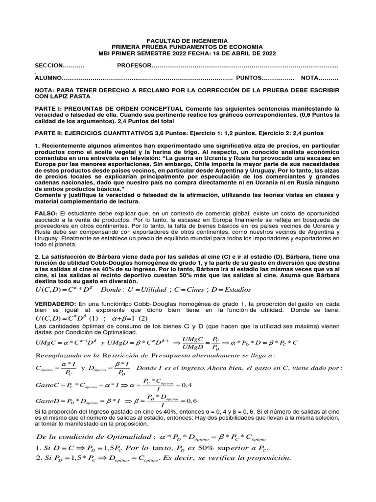 Fundeco Prueba 1 Pauta 18-04-2022 | PDF | Elasticidad (economía) | Microeconomía