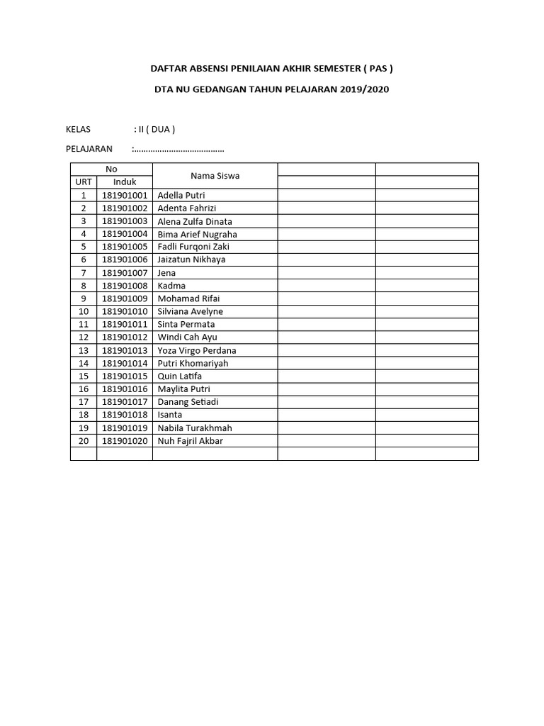 Daftar Absensi Penilaian Akhir Semester | PDF
