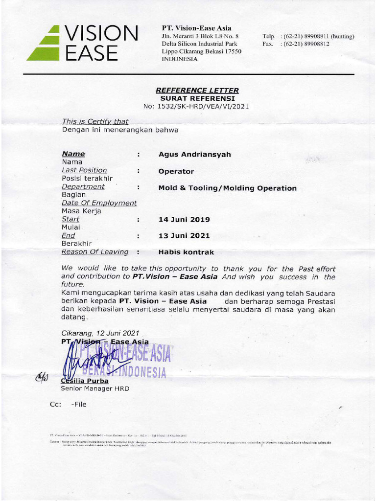 Certiface Experience PT Vision Ease Asia | PDF