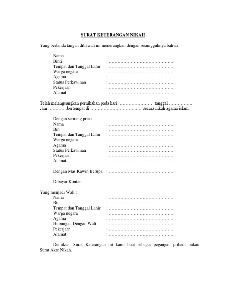 Contoh Surat Keterangan Nikah | PDF