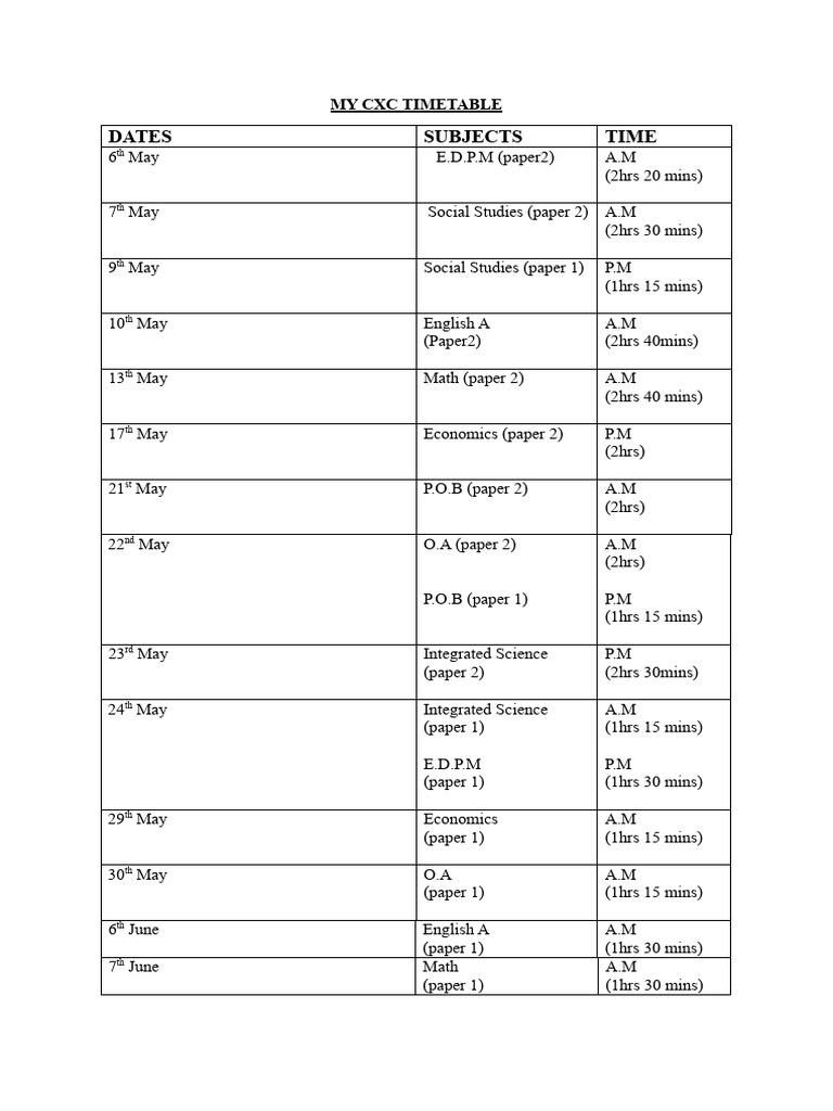 My CXC Timetable | PDF