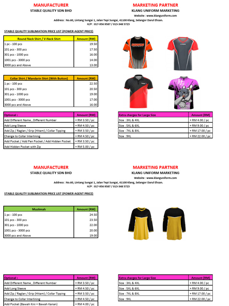 Sublimation Pricing Guide Malaysia | PDF | Clothing | Fashion