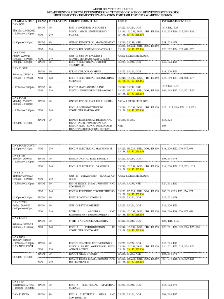 First Sem. Trimester Exam Table Time 2022.23 16.9.23 | PDF | Computers