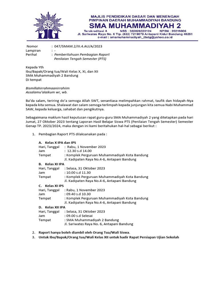 Pembagian Raport PTS SMA Muhammadiyah 2 | PDF