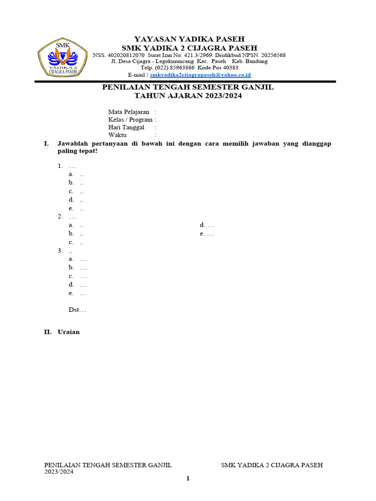 Format Penulisan Soal Pts Ydk | PDF