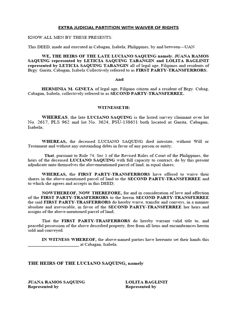 Extra Judicial Partition With Waiver of Right1 | PDF | Deed | Legal ...