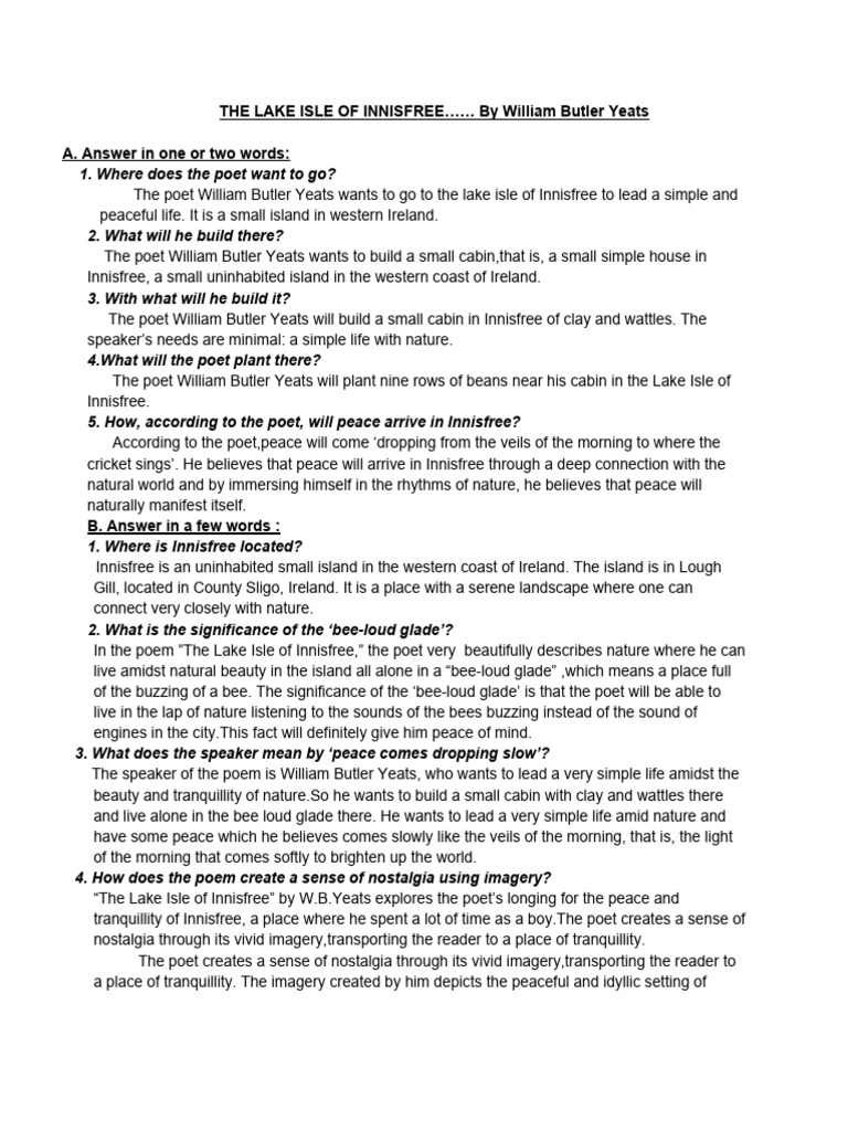 THE LAKE ISLE OF INNISFREE…… By William Butler Yeats | PDF | Poetry