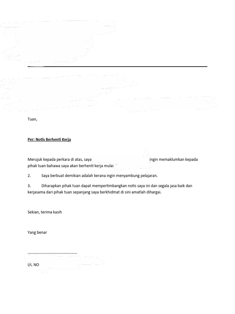 Contoh Surat Berhenti Kerja Notis Sebulan | PDF