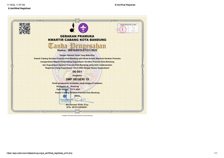Contoh Sertifikat Registrasi Gudep Aplikasi KTA NTA Bandung | PDF