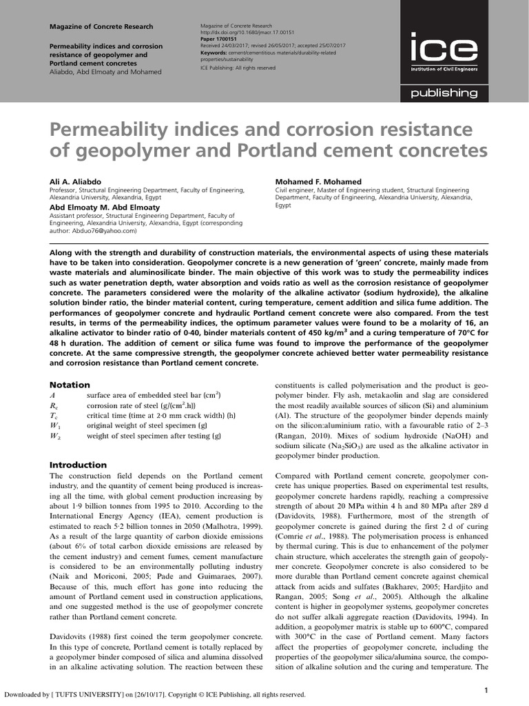 Permeability Indices and Corrosion Resistance of Geopolymer and ...
