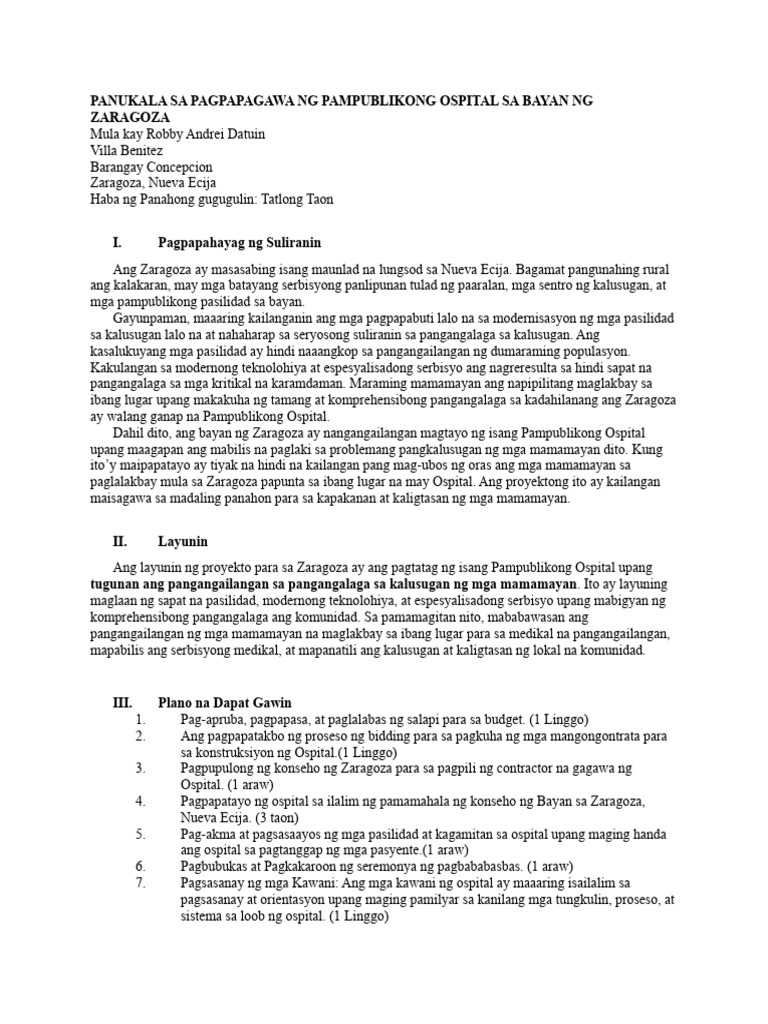 Panukala Sa Pagpapagawa NG Pampublikong Ospital Sa Zaragoza | PDF