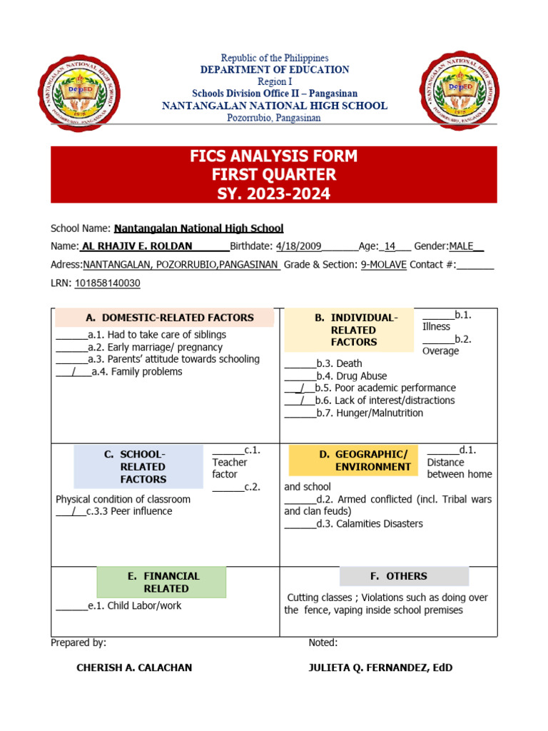 Fics Analysis Form 2023 2024 | PDF | Living Arrangements | Human Life ...