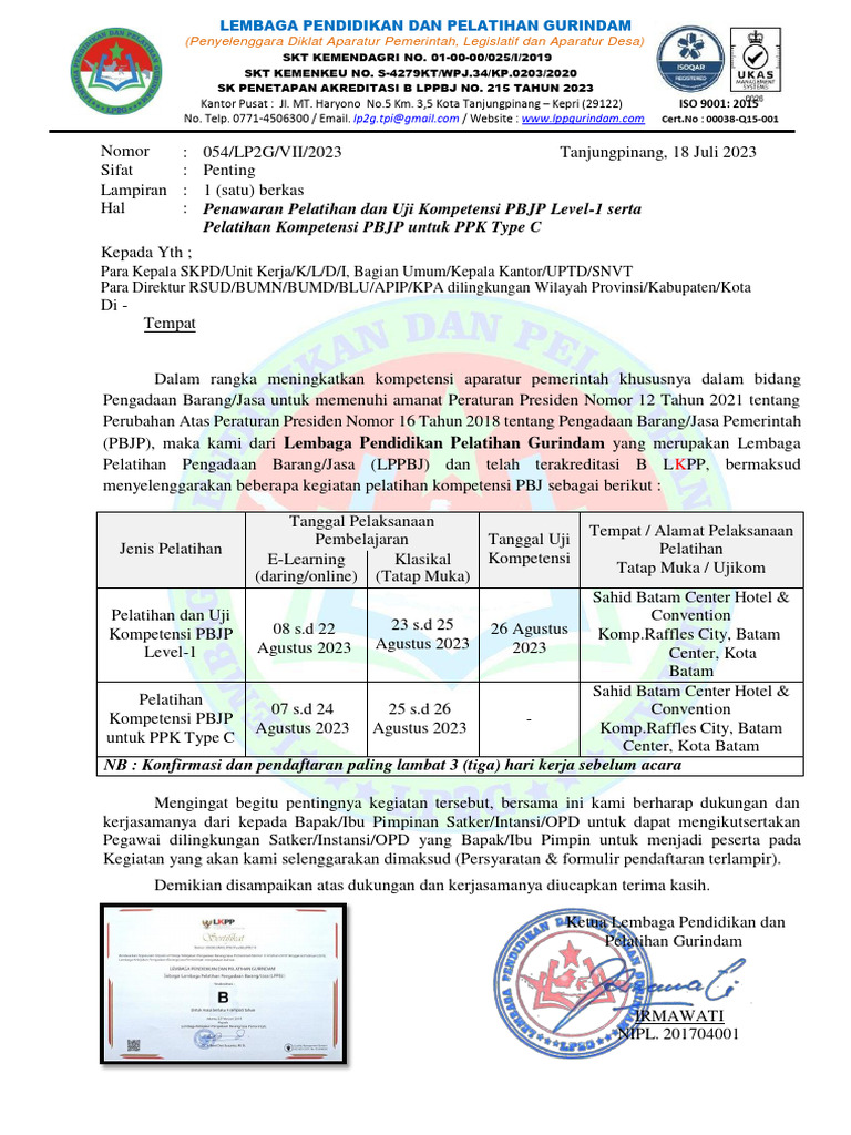 Penawaran Pelatihan & Ujikom PBJP Level-1 Dan Pelatihan Kompetensi PPK ...