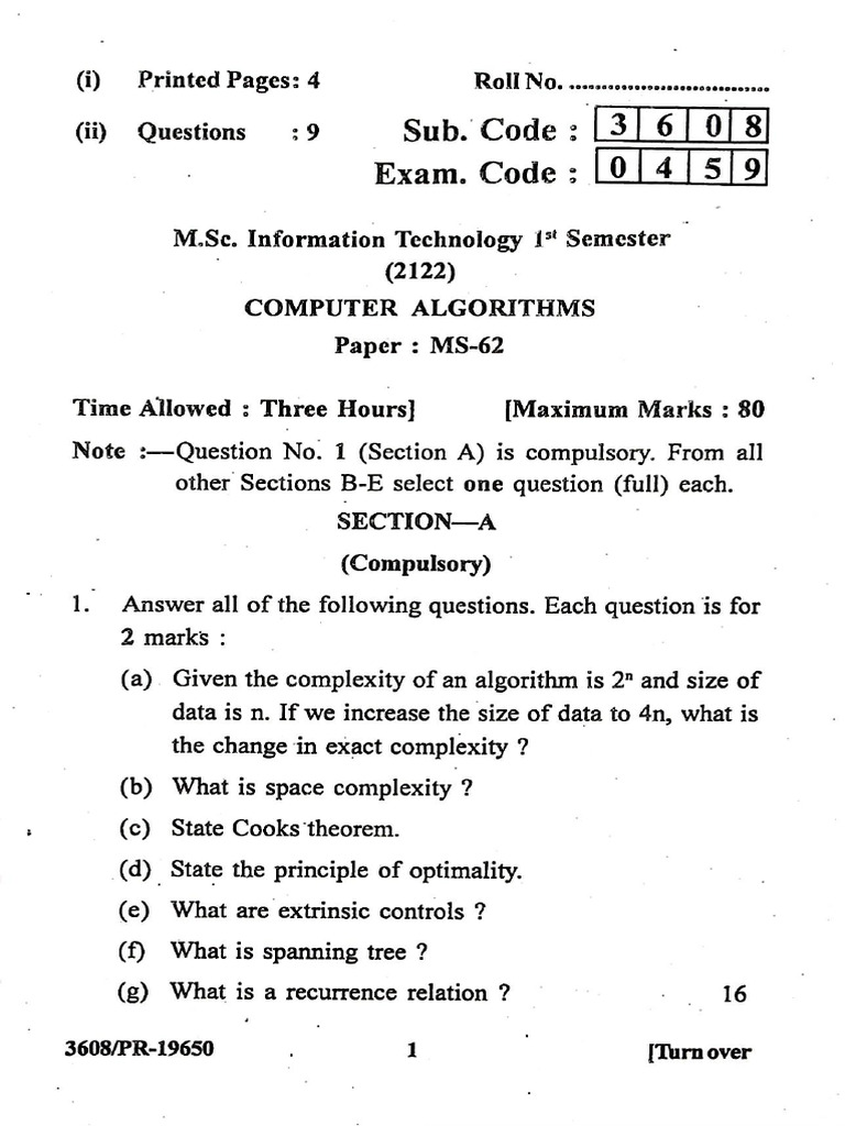 MSC - Information Technology - 1st Sem - MS-62 - Computer Algorithms ...